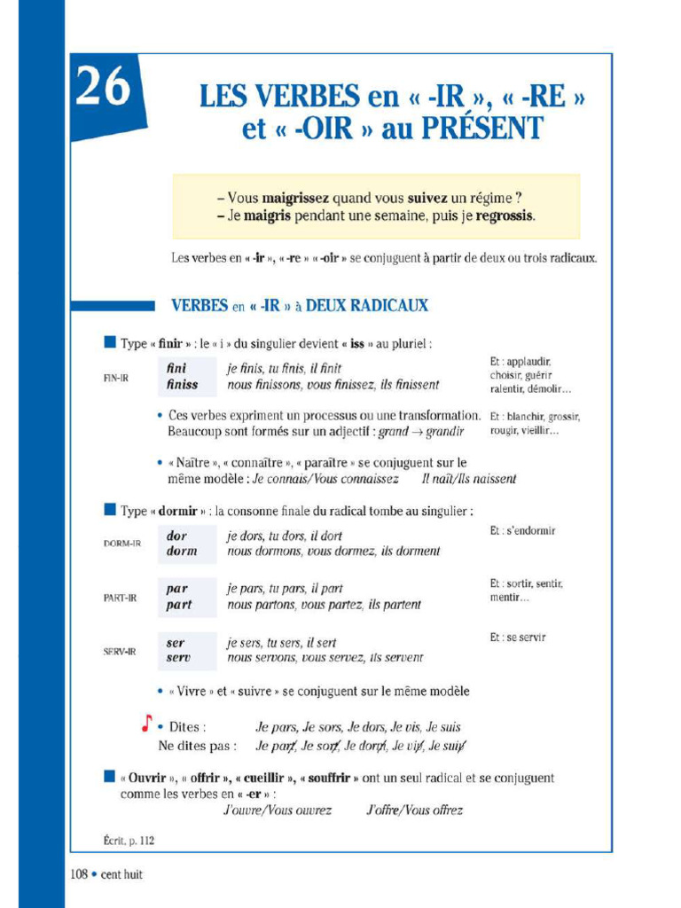 26 Les Verbes en - IR, - OIR Et - RE Au Présent | PDF