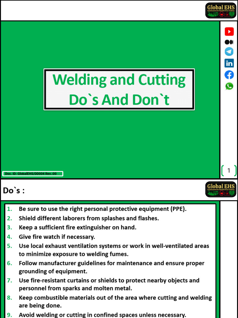 Welding and Cutting Do`s and Don`Ts Global EHS DD 004 PPT | PDF | Welding | Construction