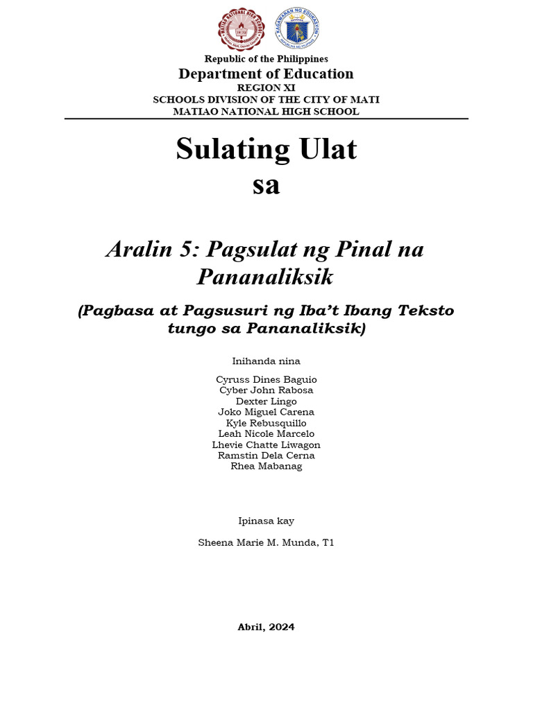 Sulating Ulat Aralin 5 Pagsulat Ng Pinal Na Pananaliksik | PDF Sulating Ulat Aralin 5 Pagsulat Ng Pinal Na Pananaliksik | PDF