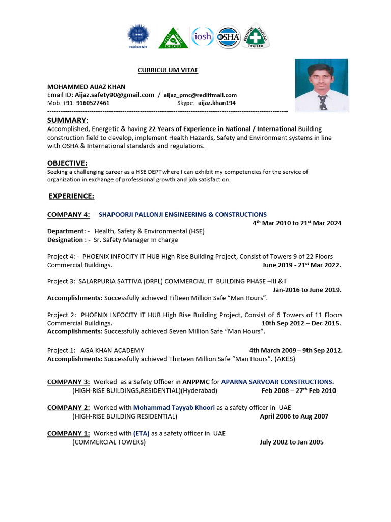 Mohammed Aijaz Khan_hse_sr. Safety Manager_22 Yrs Exp_cv | PDF | Occupational Safety And Health ...