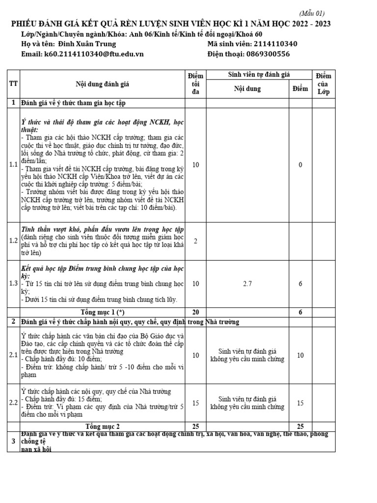 (Mẫu 01) - Phiếu Đgkqrl Hk1 2022 - 2023 | PDF