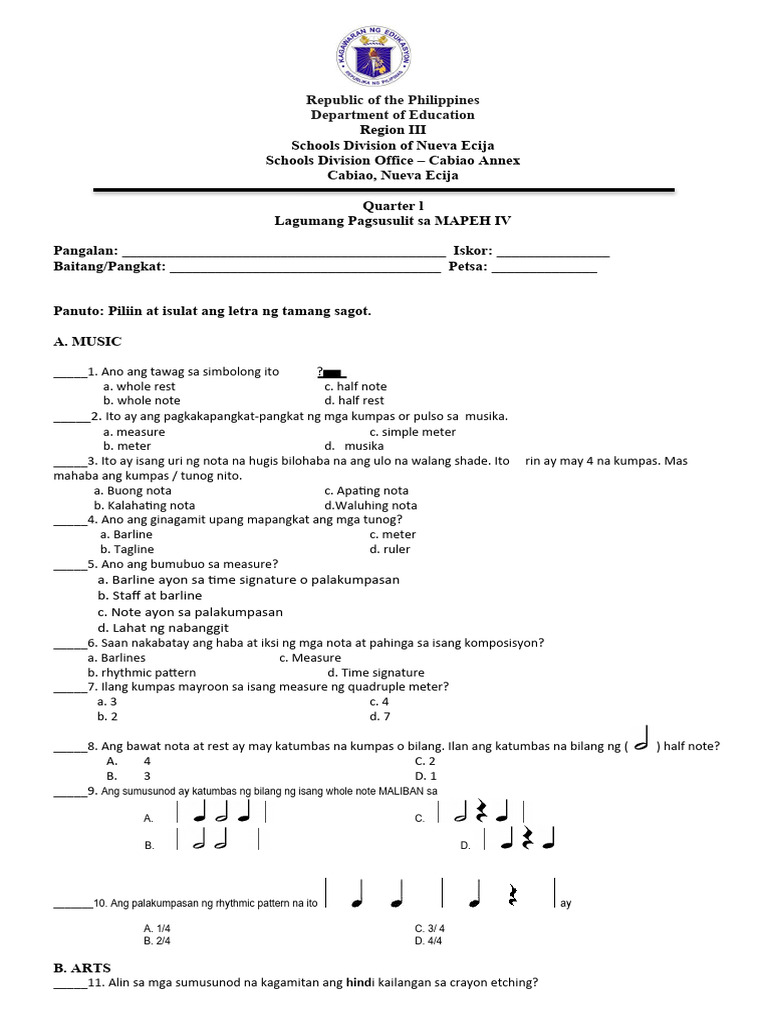 Unified Test in MAPEH Grade 4 | PDF