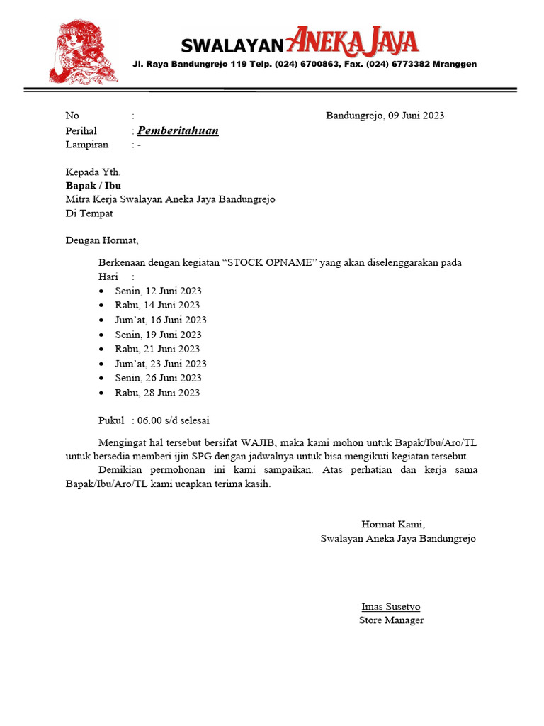 Contoh Surat Ijin Stock Opname | PDF
