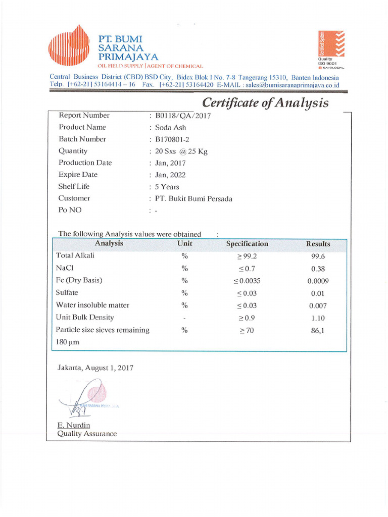 Certificate of Analysis Soda Ash | PDF