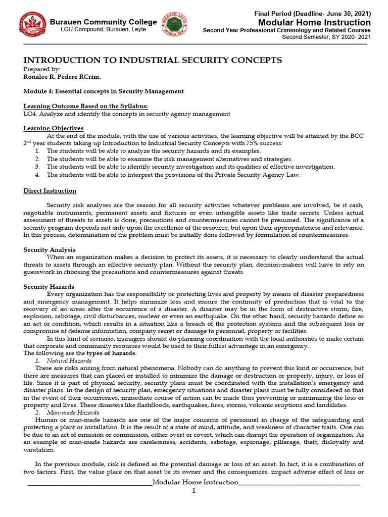 Module in Lea 3 Finals 4 Industrial Security Concept | PDF | Security Guard | Natural Disasters