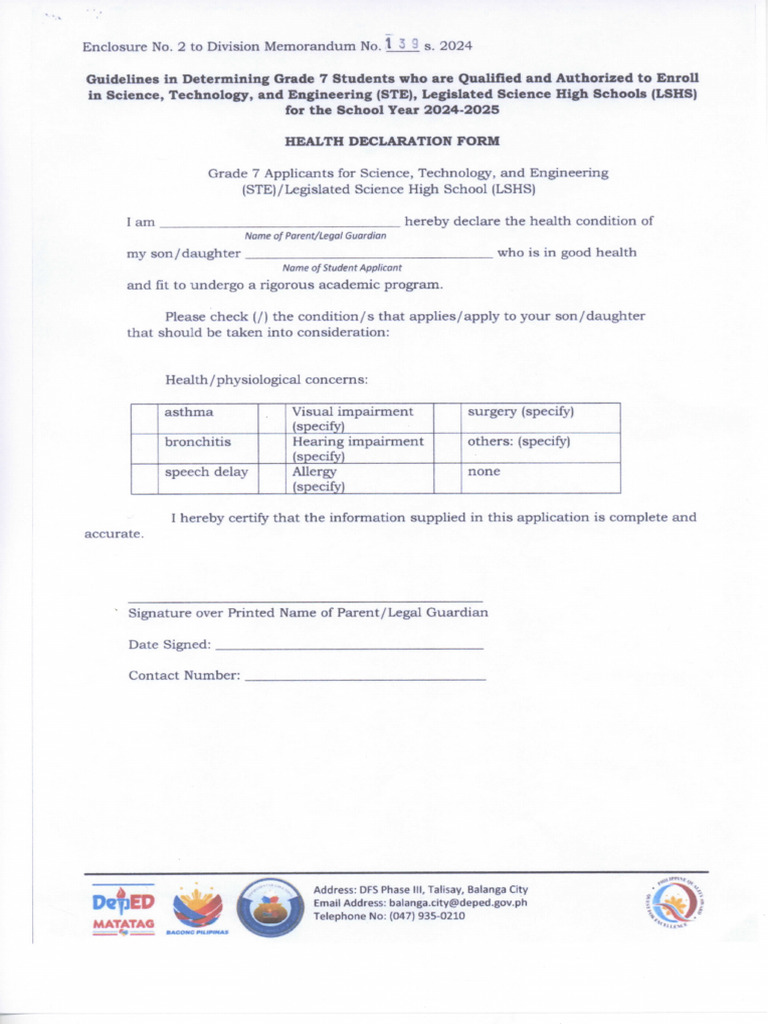STE Health Declaration Form 2024-2025 | PDF