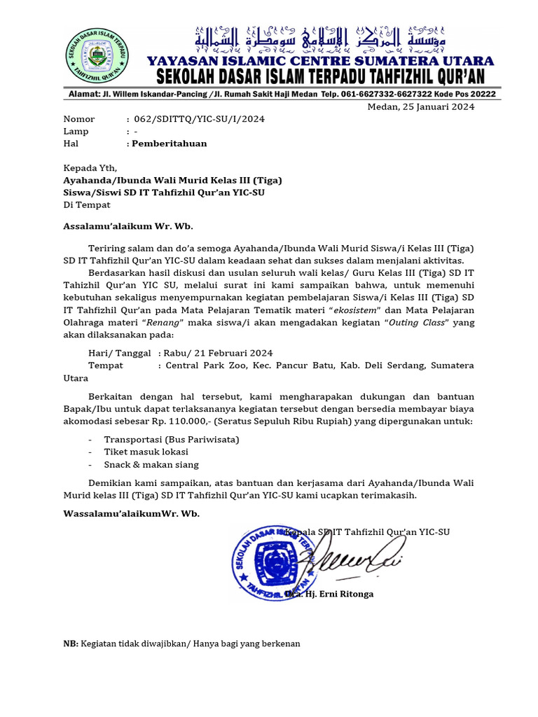 SURAT Pemberitahuan Outing Class | PDF