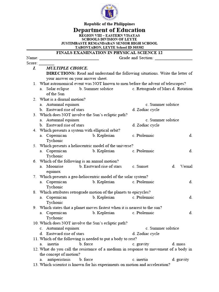 Finals Examination in Physical Science 12 | PDF | Force | Acceleration