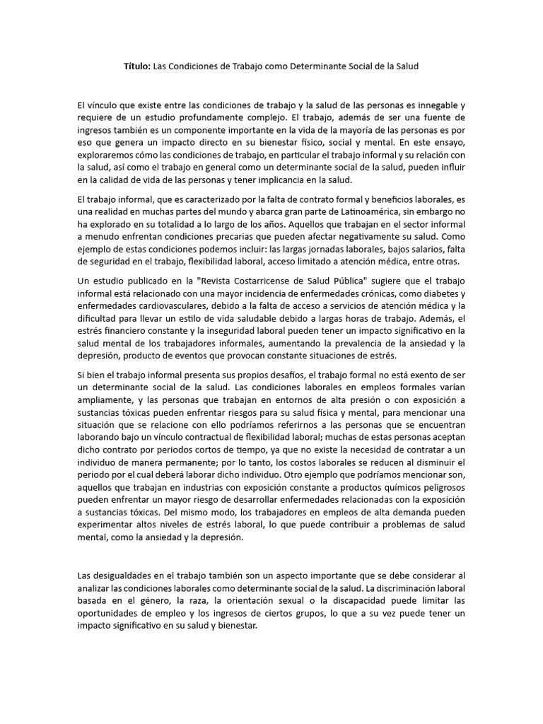ENSAYO Las Condiciones de Trabajo Como Determinante Social de La Salud ...