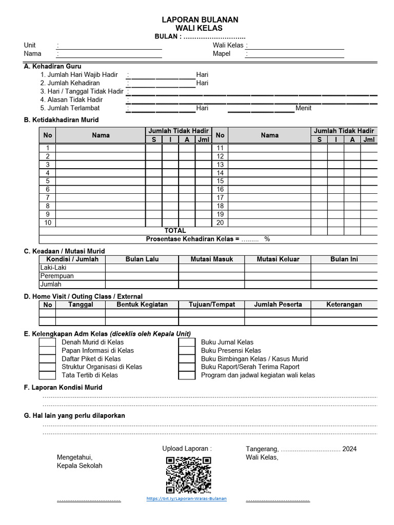 Form Laporan Walas Bulanan | PDF