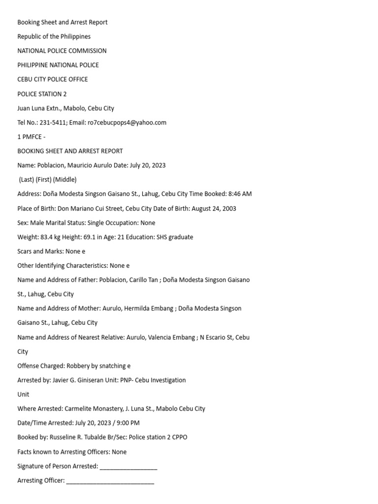 Booking Sheet and Arrest Report344 | PDF | Social Science | Wellness