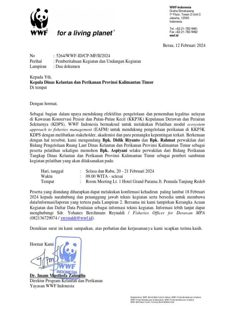 Surat 5264 - Pemberitahuan Dan Undangan Kegiatan - DKP Kaltim WWF | PDF