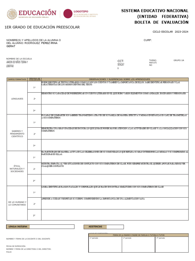 Boleta de Evaluación Preescolar 2023-2024 | PDF | Educación de la ...