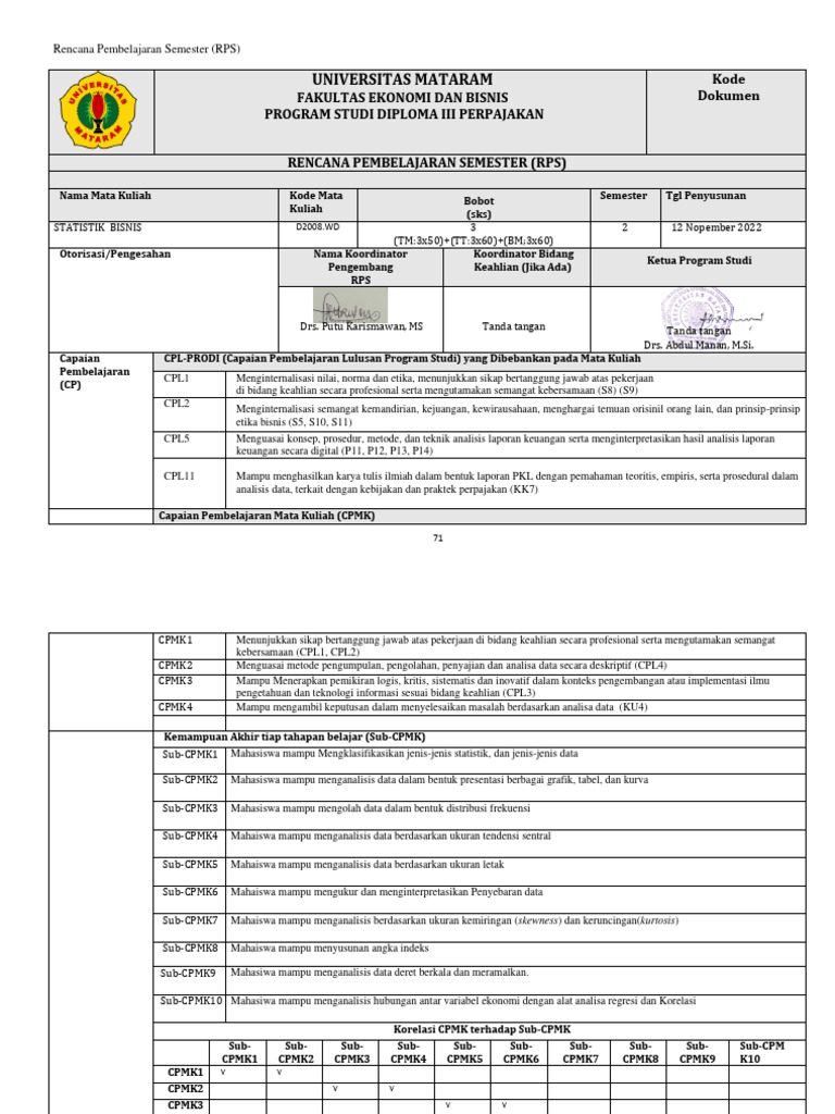 RPS Dan RTM Statistik Bisnis | PDF