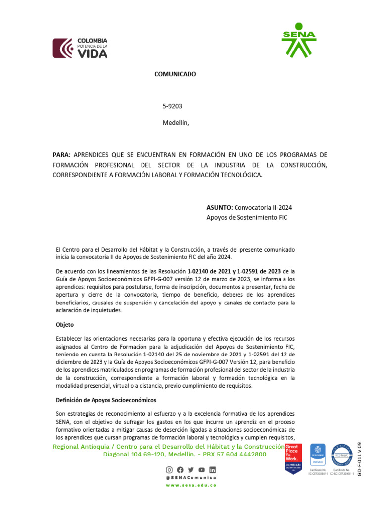 Comunicado - II Convocatoria FIC 2024 | PDF | Documento de identidad