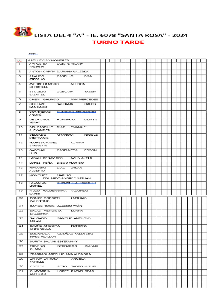 LISTA DE ASISTENCIA 4A | PDF