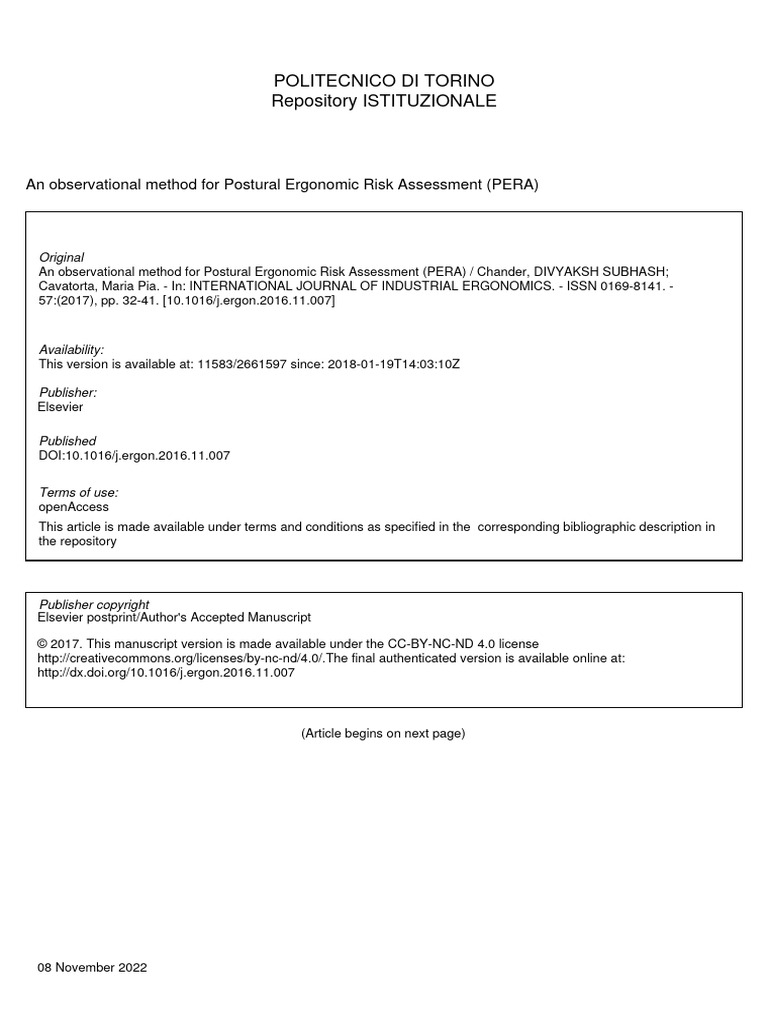 An observational method for Postural Ergonomic Risk Assessment (PERA ...