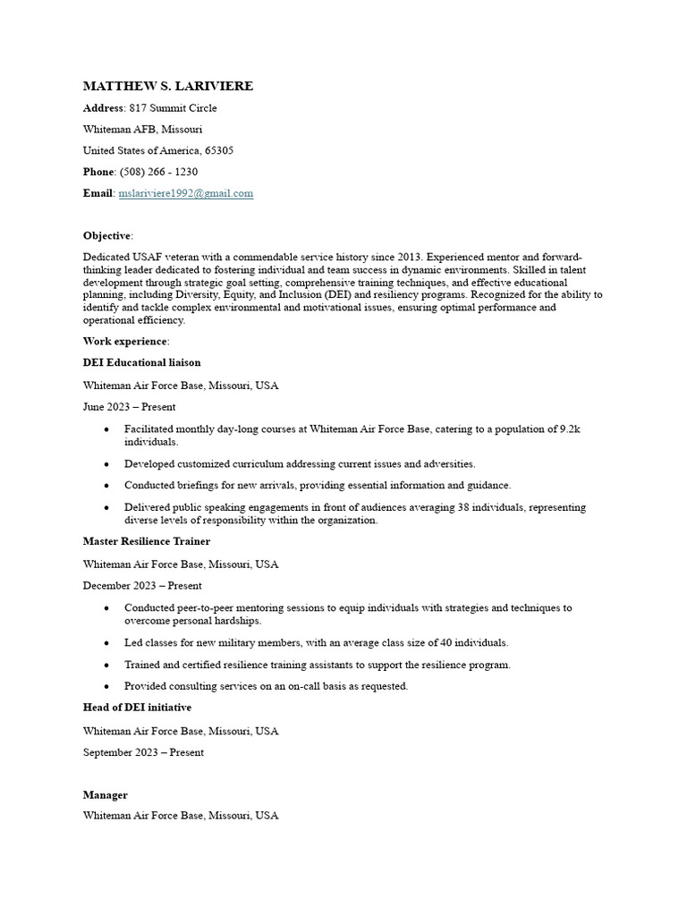 Matthew Lariviere Resume 2024 | Download Free PDF | Psychological ...