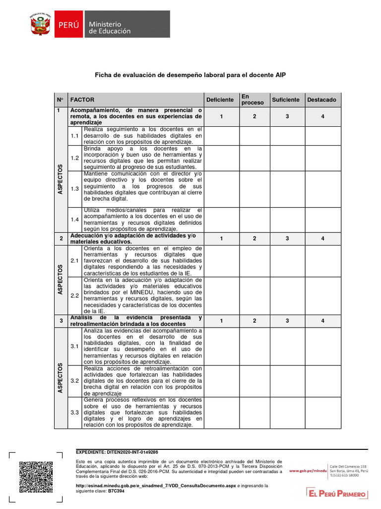 Ficha de Evaluación de Desempeño Laboral para El Docente AIP | Descargar gratis PDF | Enseñando ...