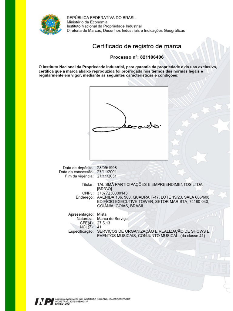 Leonardo Certificado de Marcas e Registros - Inpi | PDF