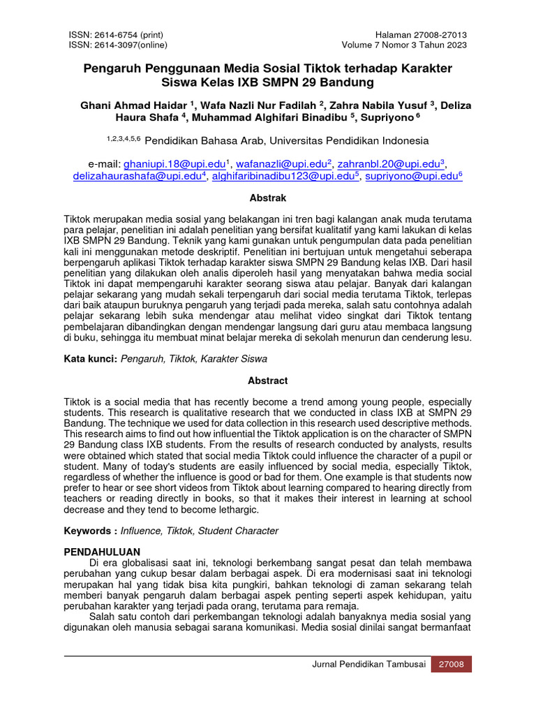 Pengaruh Penggunaan Media Sosial Tiktok Terhadap Karakter Siswa Kelas IXB SMPN 29 Bandung | PDF ...