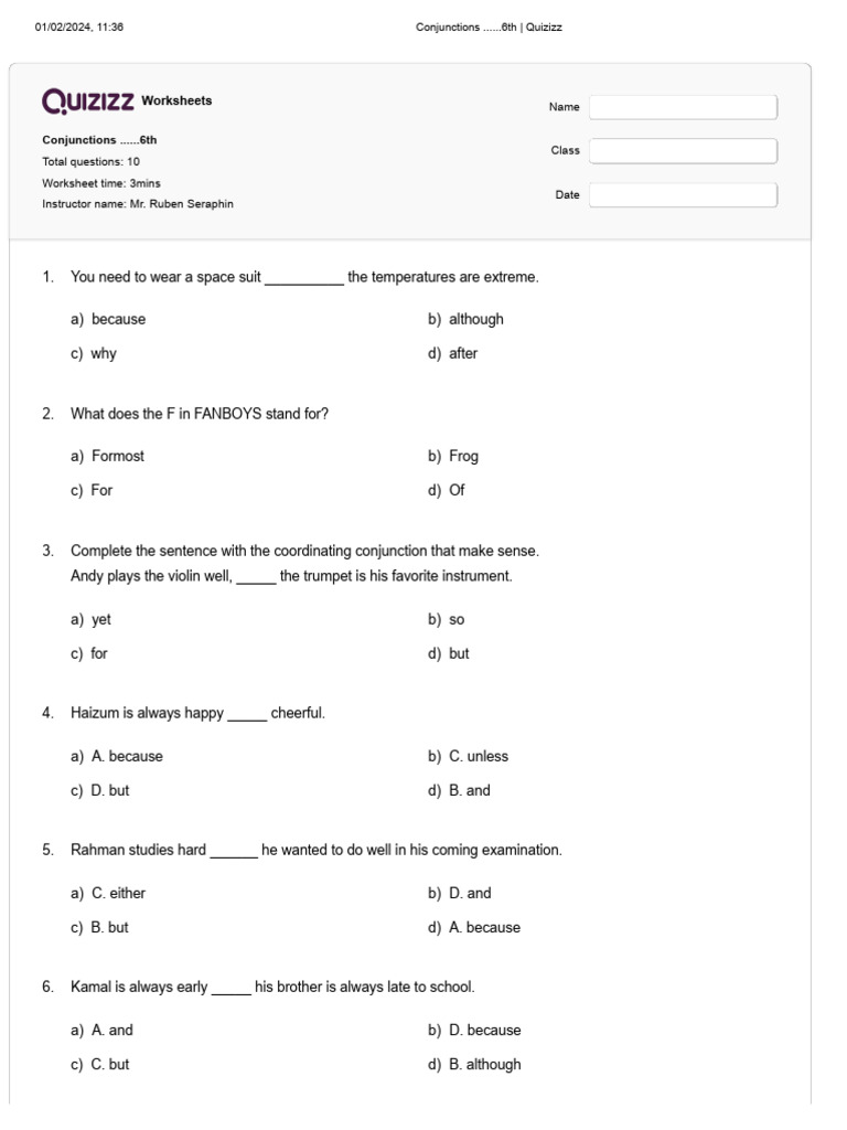Quizizz - Conjunctions ...... 6th | PDF | Grammar | English Grammar