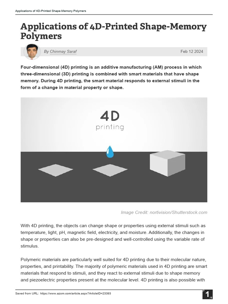 Applications of 4D Printed Shape Memory Polymers | PDF | 3 D Printing | Materials Science