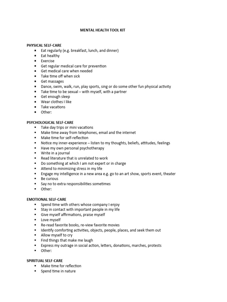 Self-Care Tool Kit | Download Free PDF | Psychology | Behavioural Sciences