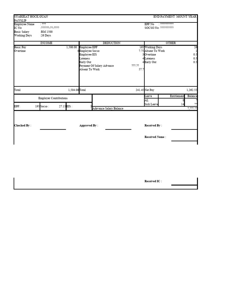 Hock Guan Payslip Sample.xlsx1 | PDF | Salary | Paycheck