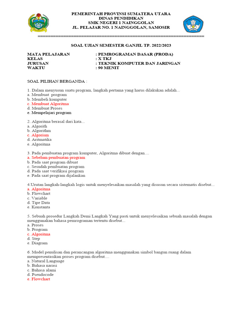 SOAL KLS X TKJ SEM GANJIL 2022-2023 PEMROGRAMAN DASAR - PRODA Kumpul | PDF