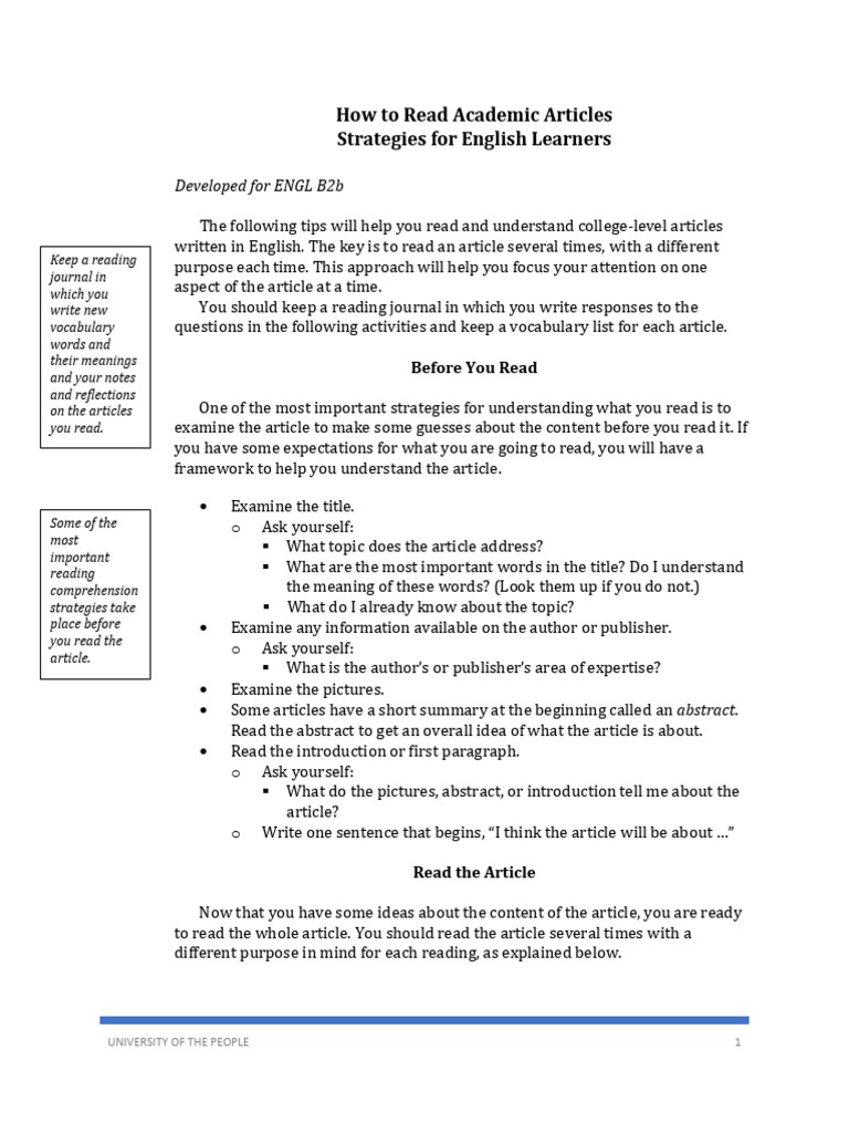 Strategies for Reading Academic Articles | PDF | Vocabulary | Reading ...