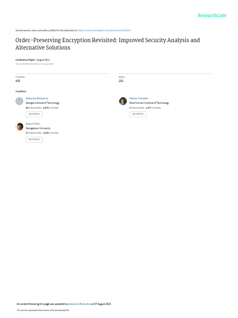 Order-Preserving Encryption Revisited Improved Sec | PDF | Cryptography | Encryption