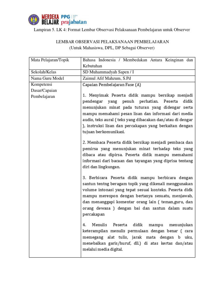 LK 4 - Lembar Observasi Pembelajaran - Siklus 2 | PDF | Karier & Perkembangan