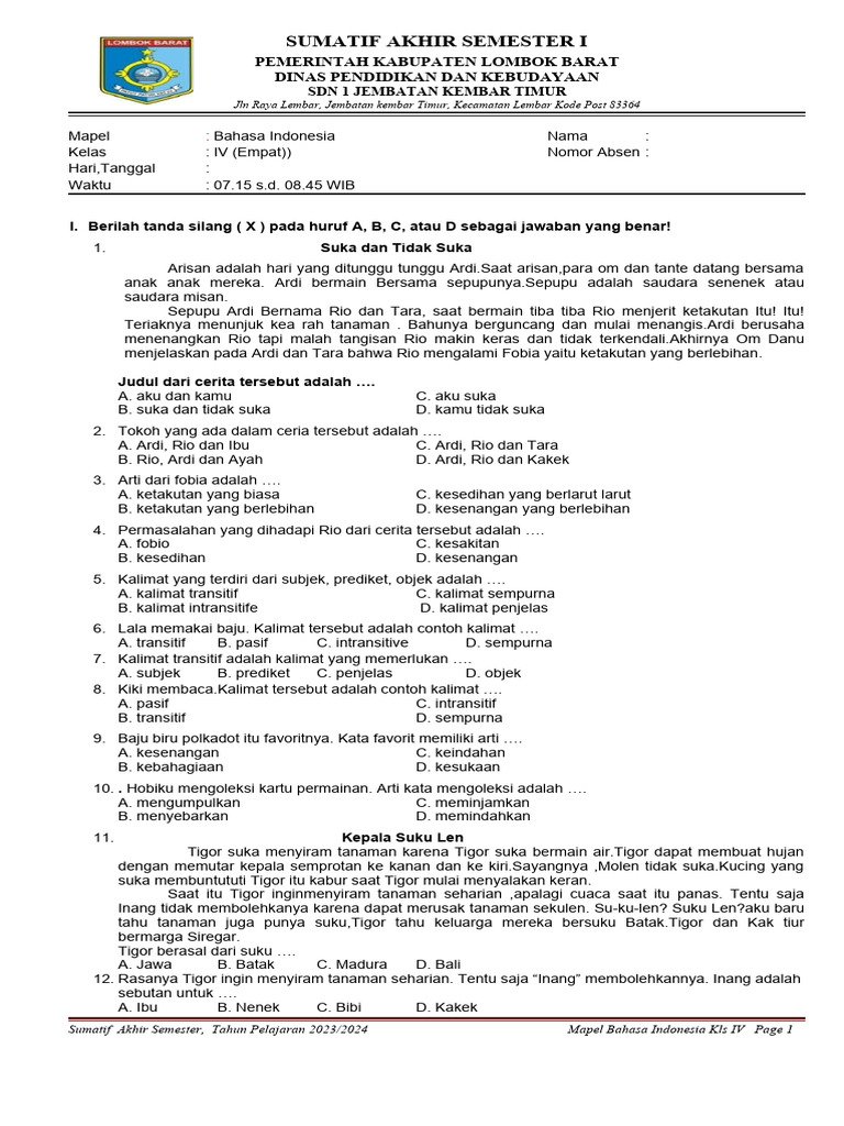 Soal STS BHS Indonesia Kls 4 | PDF