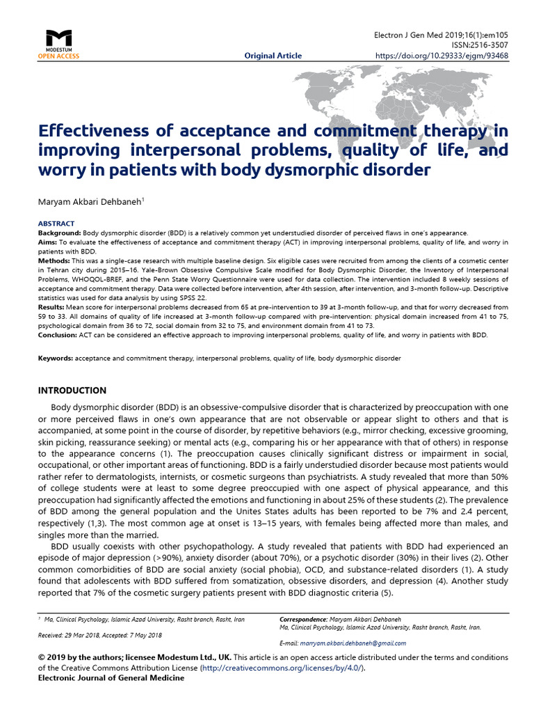 ACT for Body Dysmorphic Disorder Improvement | PDF | Psychotherapy ...
