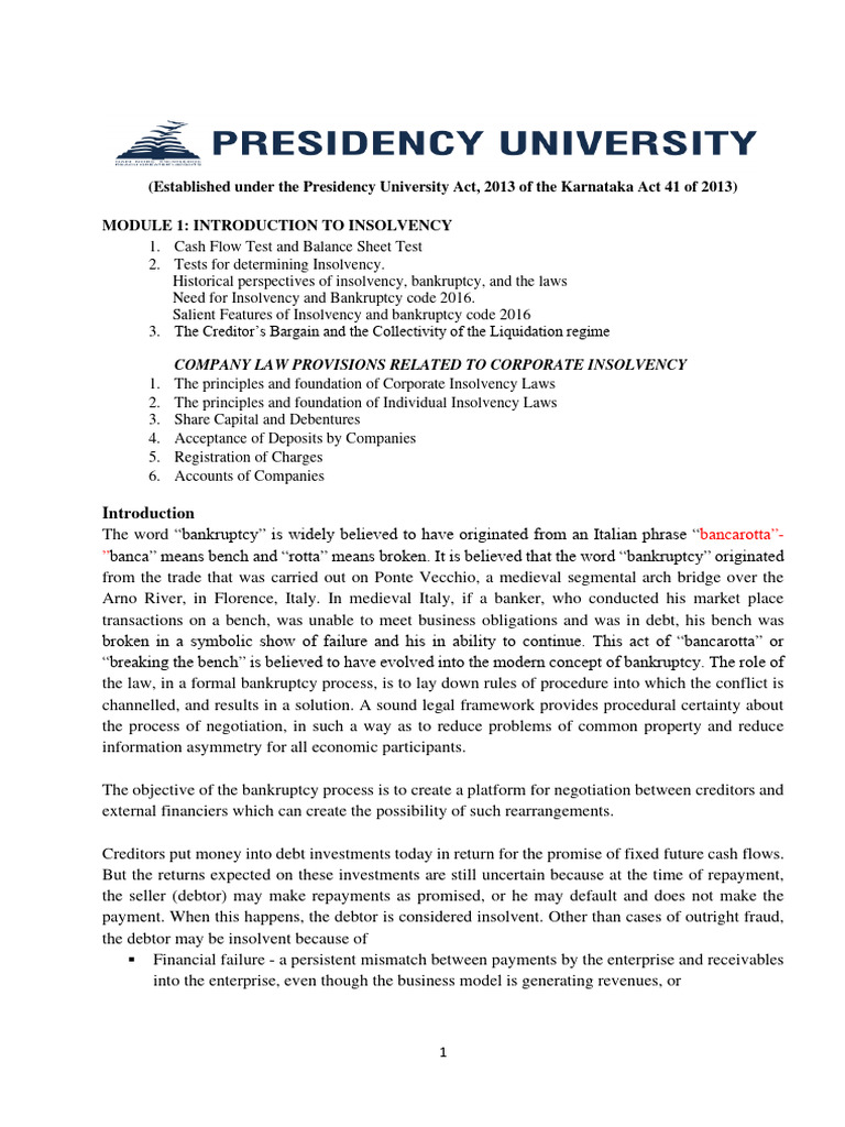 Study Material - Module One - Insolvency and Bankruptcy Law - LAW405 | PDF | Bankruptcy | Insolvency