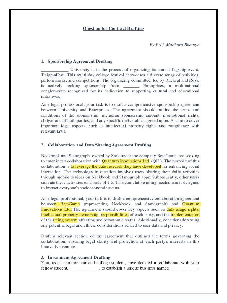 Questionfor Contract Drafting | PDF | Business | Entrepreneurship