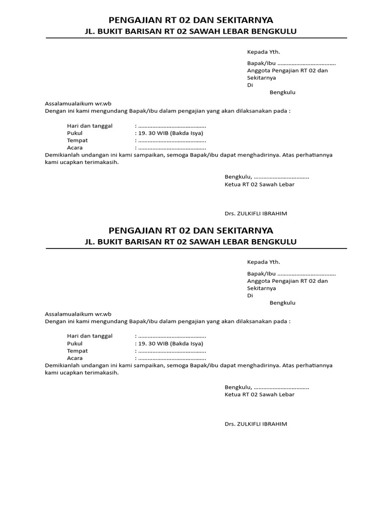 Undangan Pengajian RT 02 Bengkulu | PDF