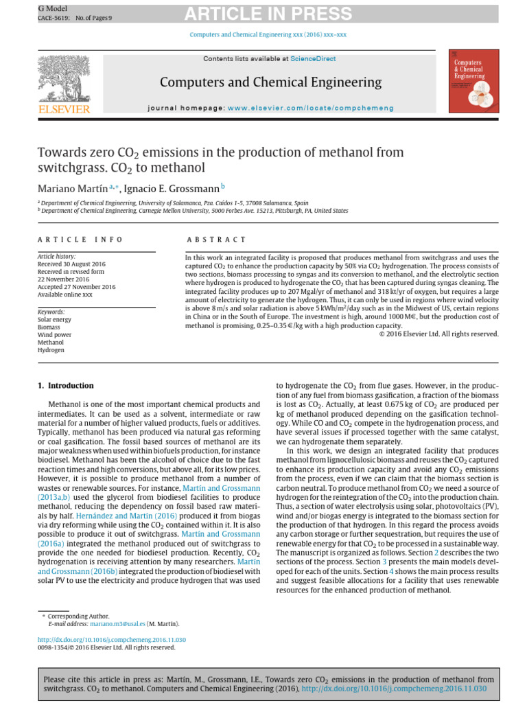 Zero CO2 Methanol Production from Switchgrass | PDF | Gasification ...