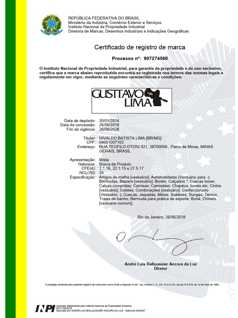 Gusttavo Lima Certificado de Marcas e Registros - Inpi | PDF