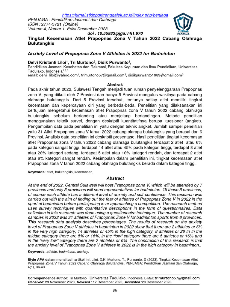 Tingkat Kecemasan Atlet Prapon Zona V Tahun 2022 Cabang Olahraga Bulutangkis | PDF