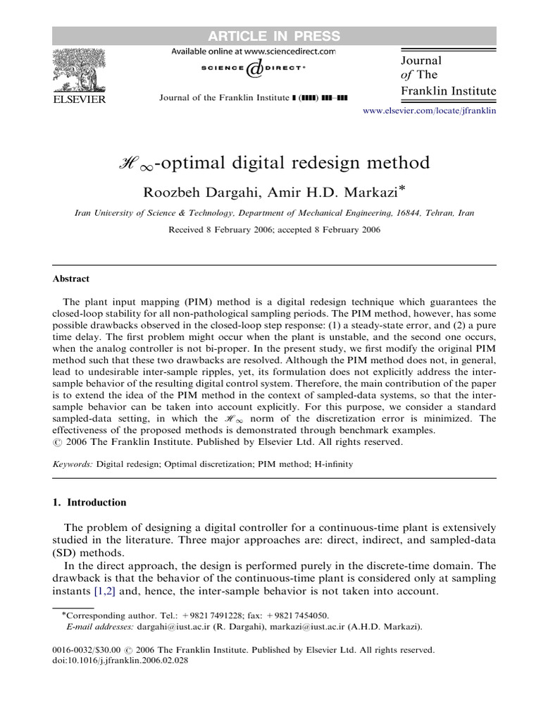 H Infinity Optimal Degital Redesign Method | PDF | Control Theory ...