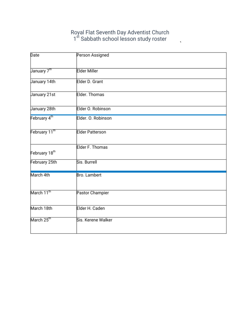 Sabbath School Lesson Study Roster | PDF