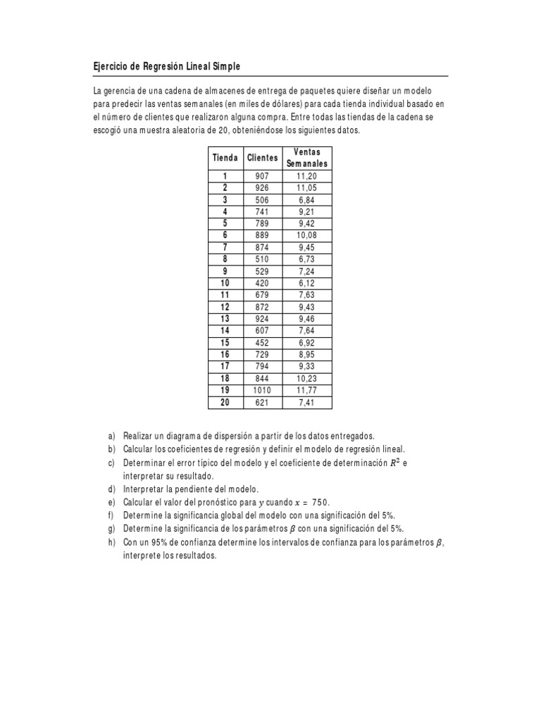 Ejercicio de Regresión Lineal Simple | PDF | Intervalo de confianza ...