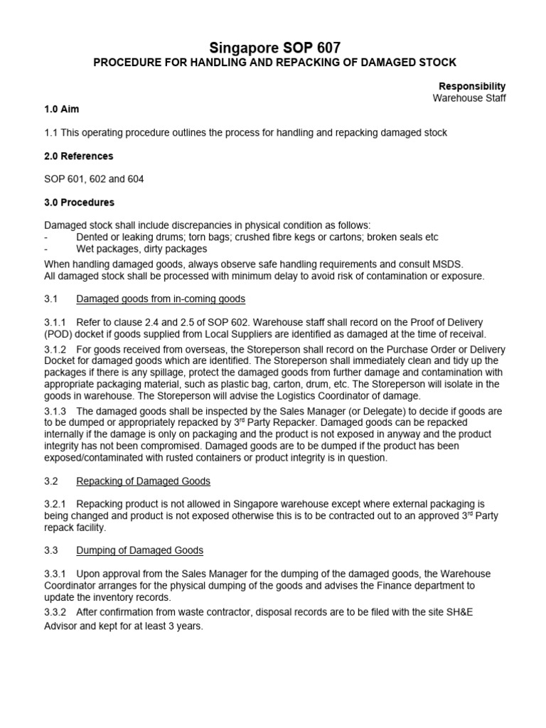 Singapore SOP 607 - Handling Damaged Stock | PDF | Warehouse ...