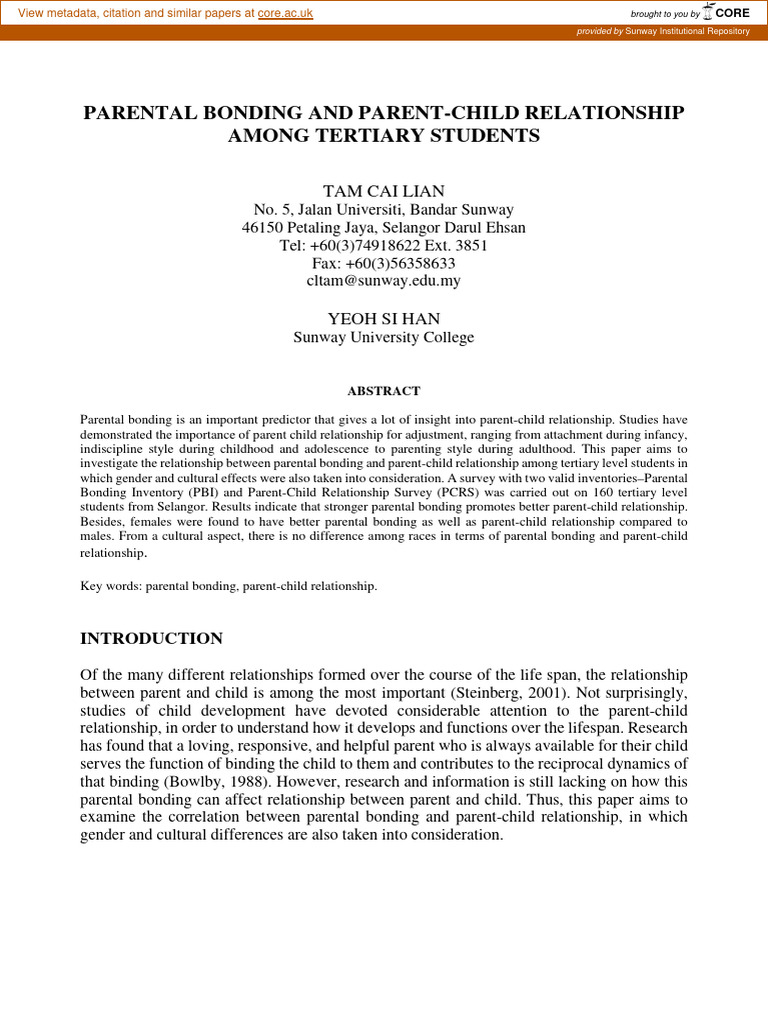 Parental Bonding in Tertiary Students | PDF | Attachment Theory | Parenting