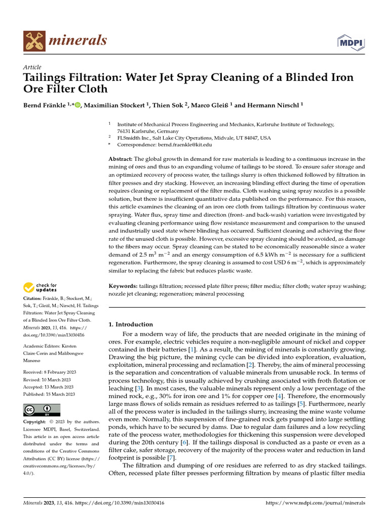 Tailings Filtration Water Jet Spray Cleaning of A Blinded Iron Ore ...