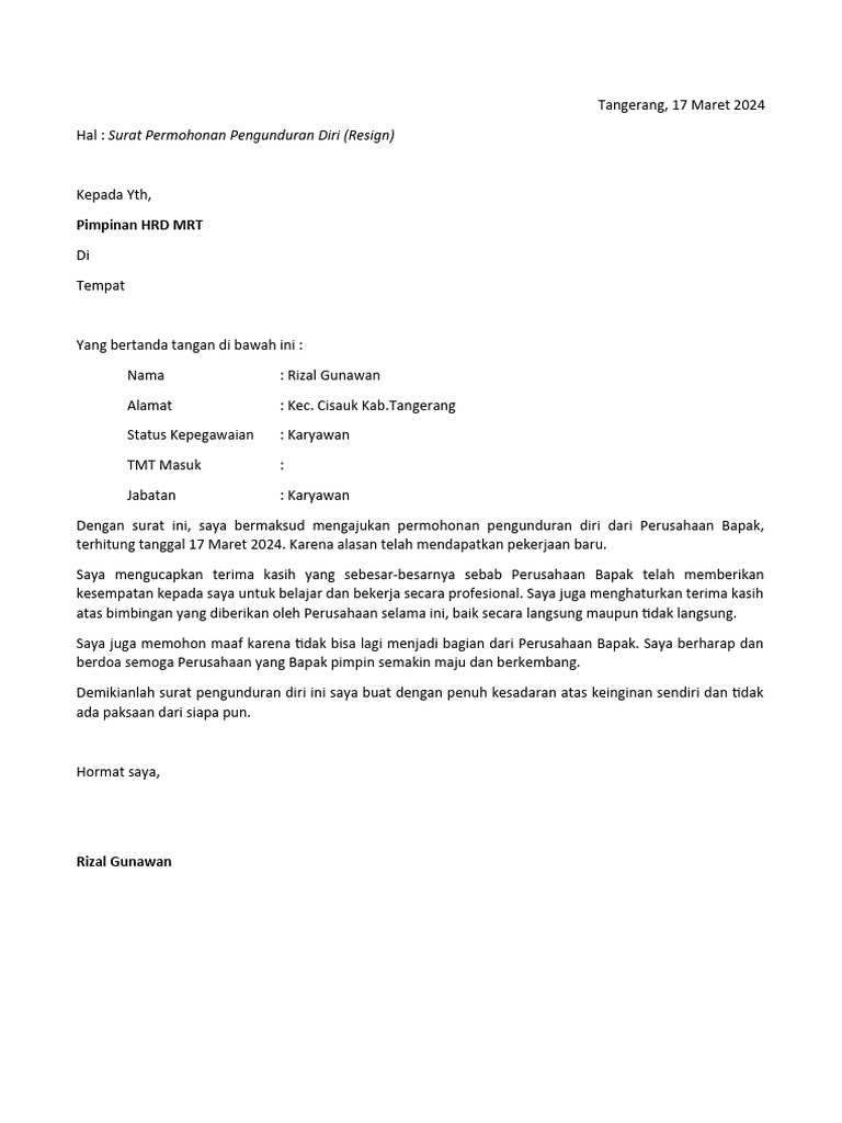 Surat Resign (Contoh) | PDF