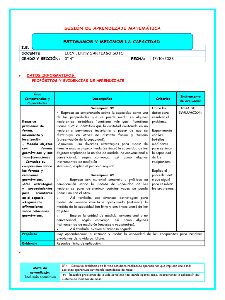 Iv Ses Mate Juev 12 Estimamos Capacidad | PDF | Evaluación | Aprendizaje Iv Ses Mate Juev 12 Estimamos Capacidad | PDF | Evaluación | Aprendizaje