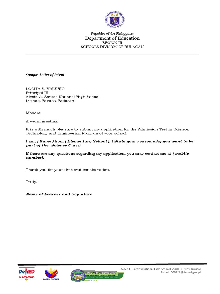 Sample Letter of Intent for STE Program | PDF